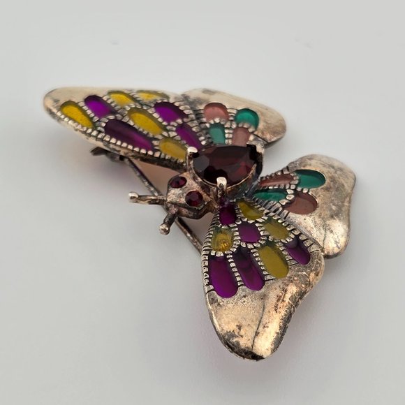 Jewelry | Vintage Sterling Silver Butterfly Brooch Colored Glass Inlay ...